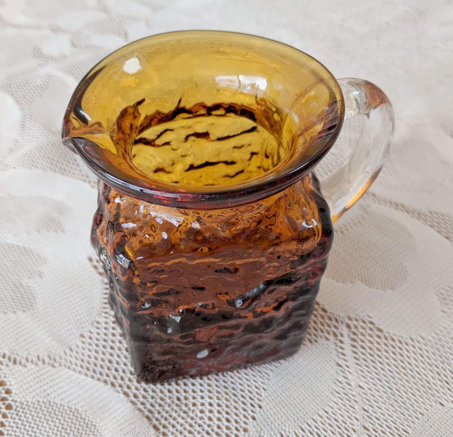 Pilgrim Amber Glass Square Pitcher - Mid Century Bumpy Surface Hand ...
