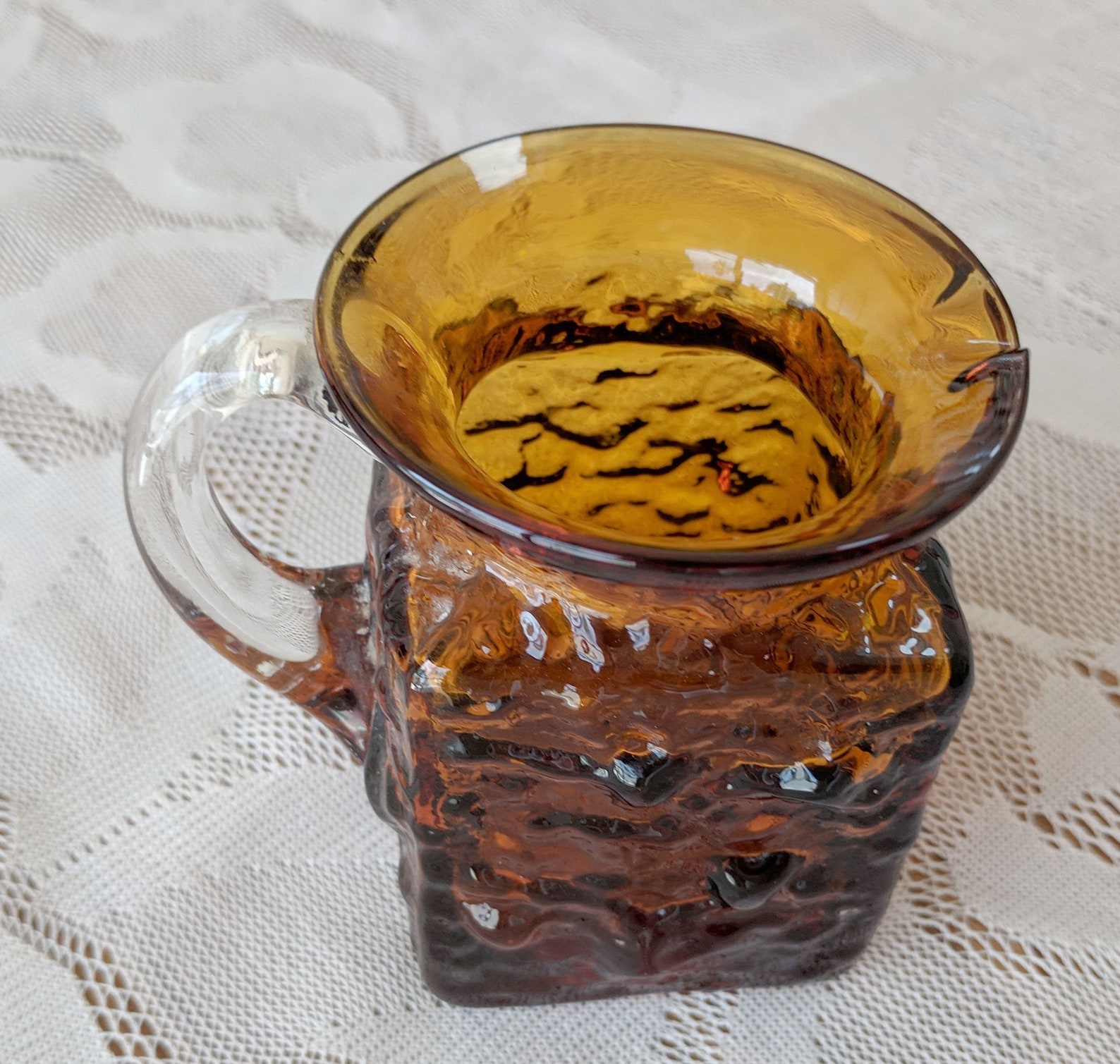 Pilgrim Amber Glass Square Pitcher - Mid Century Bumpy Surface Hand ...