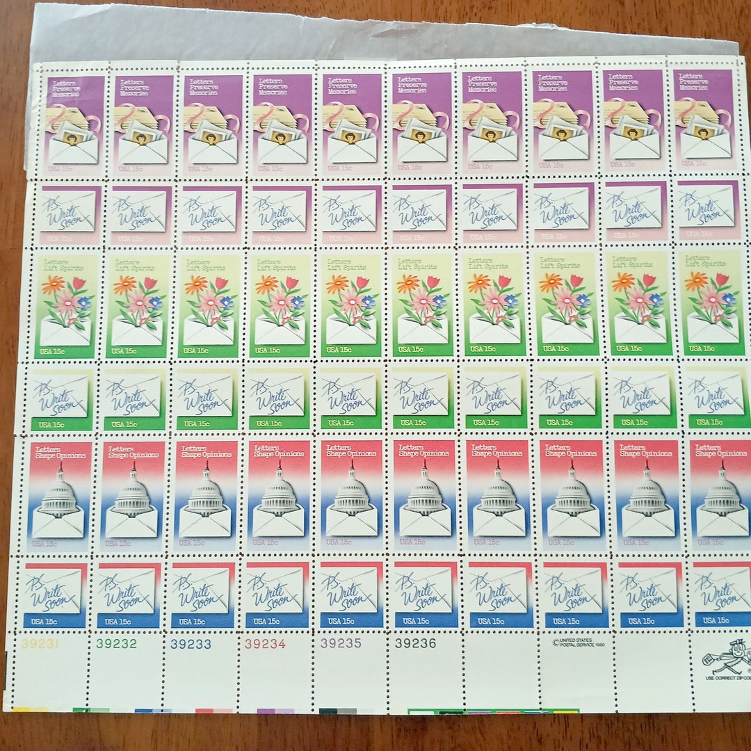 Letter Writing Month 1980 15 Cent Stamps - Vintage Pane of 50 Stamps ...