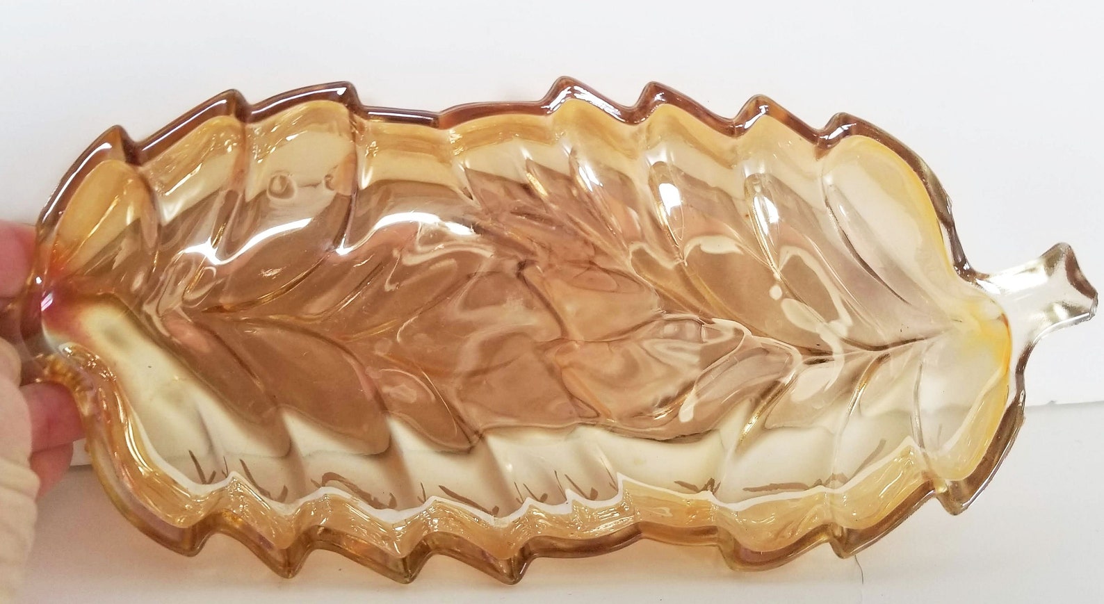 Iridescent Amber Glass Serving Dish in Leaf Design, Pickle or Celery ...