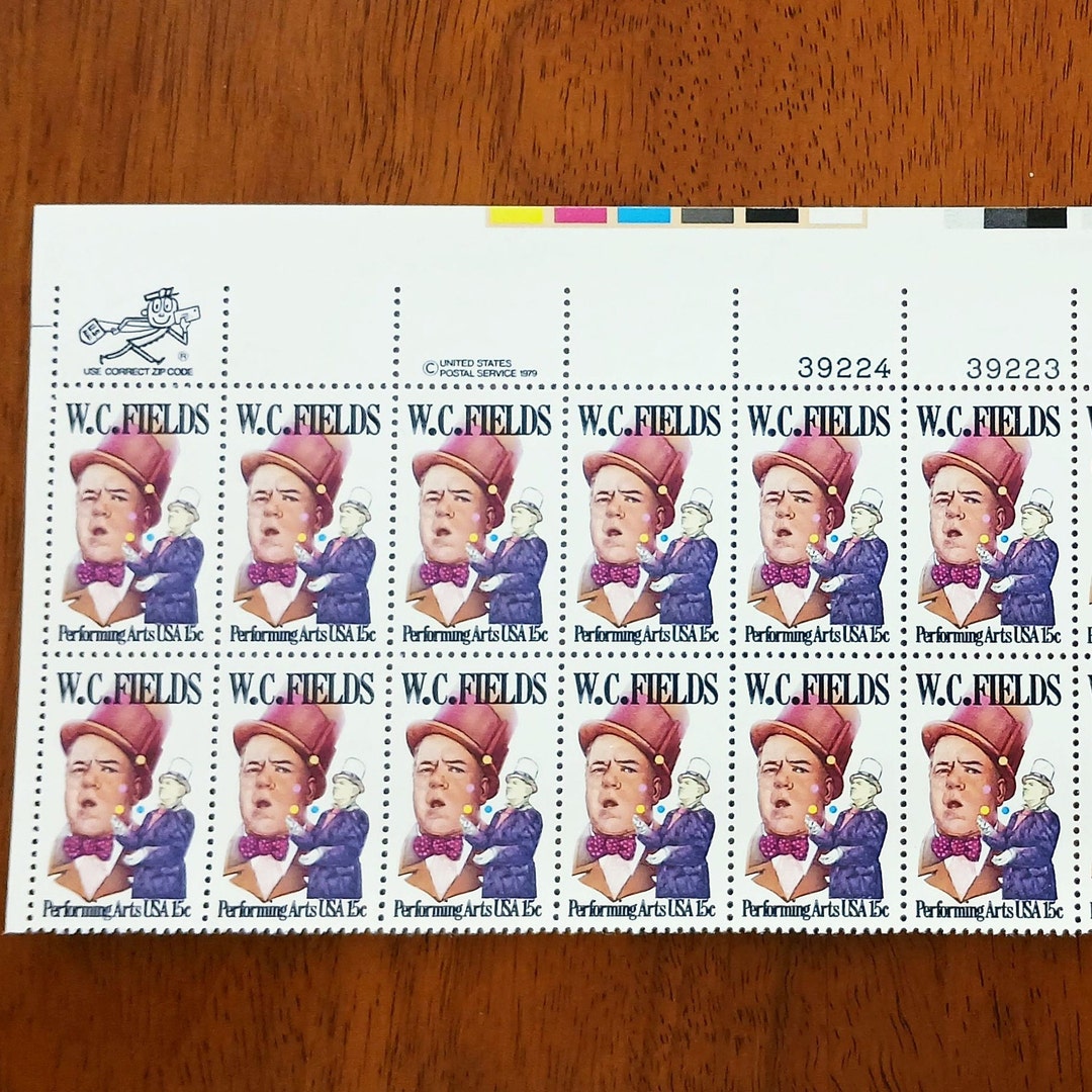 W. C. Fields USPS Stamps, 20 Stamp Plate Block Strip, Performing Arts ...