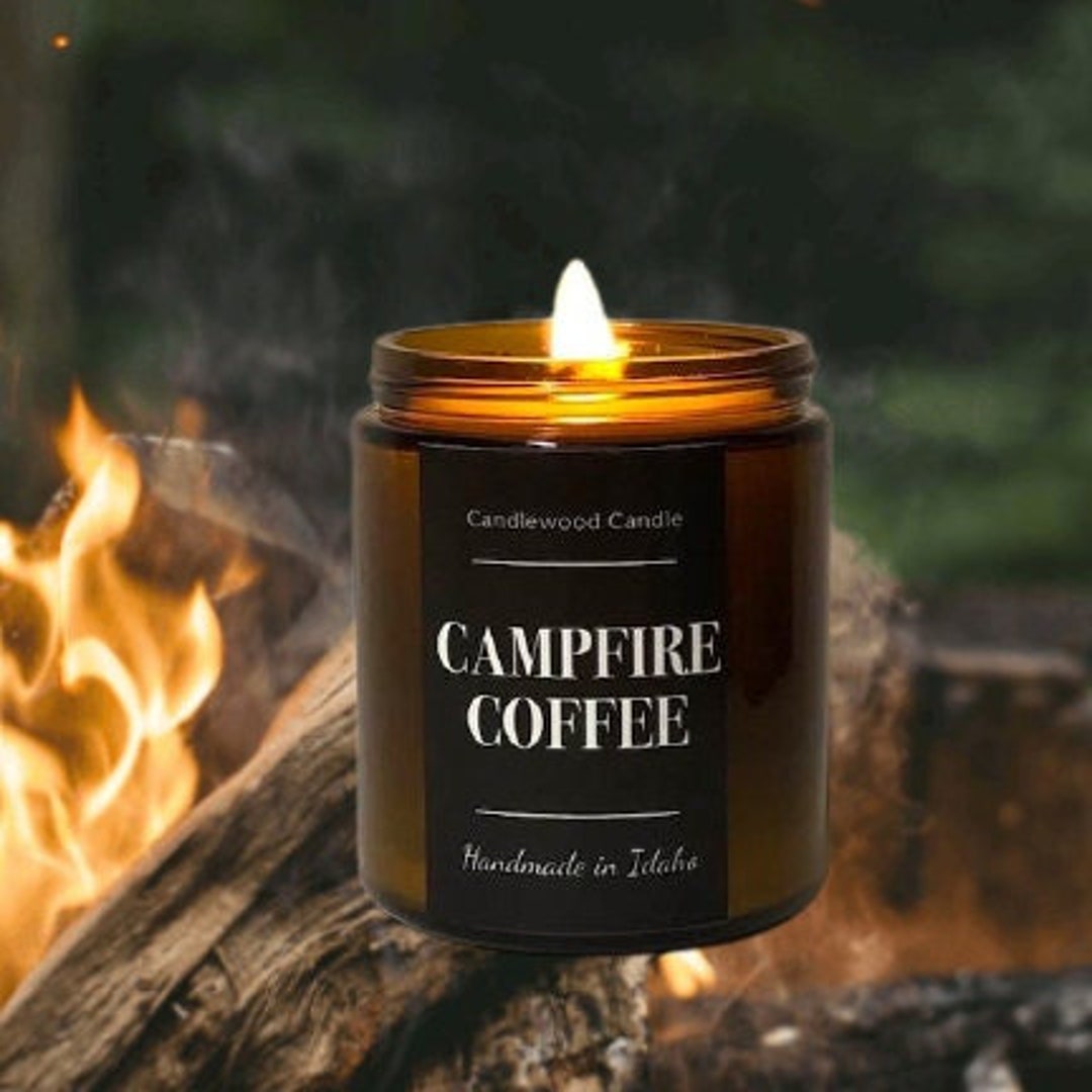 CAMPFIRE COFFEE Crackling Wood Fire Natural Soy Wax Candle in Amber Jar ...