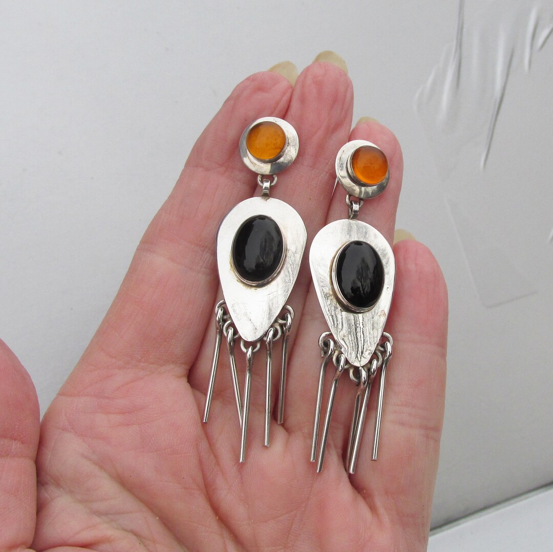 Native American Navajo Joe BEGAY Vintage Sterling Silver Onyx & Amber ...