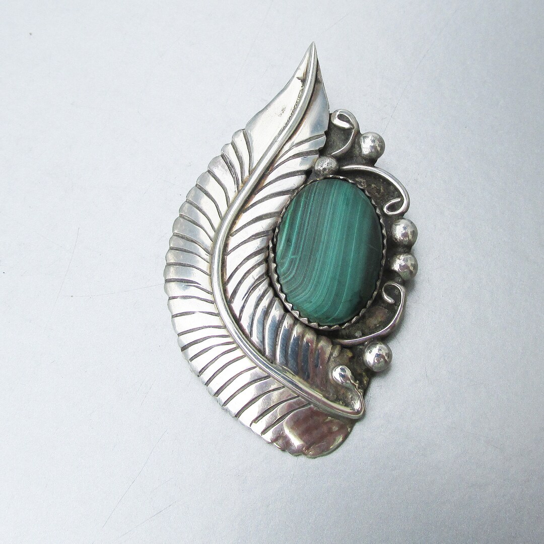 Signed Calvin Desson Navajo Sterling Silver Vintage Malachite Feather ...