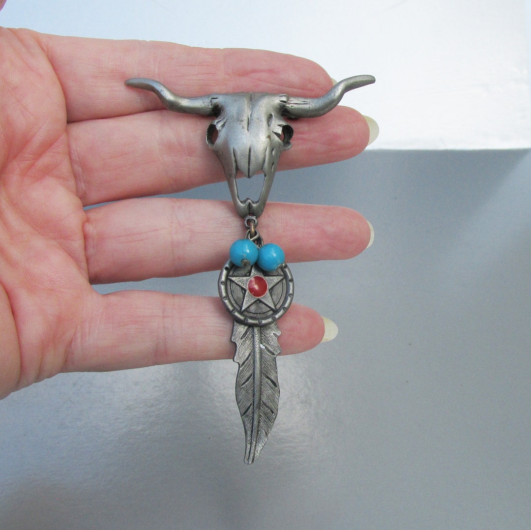 Signed DON-LIN Vintage Cow Steer Head Western Dangle Feather Faux ...