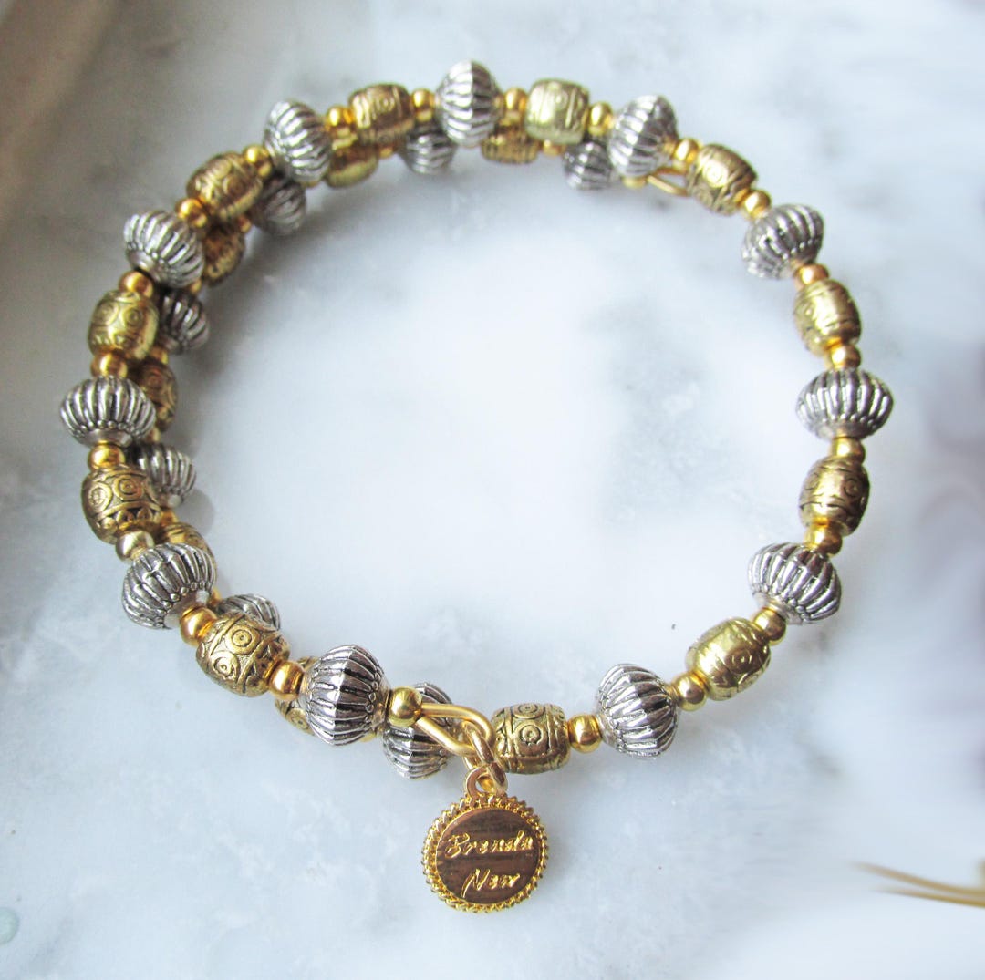 Signed Brenda New Silver & Gold Tone Bead Memory Wire Bracelet - Etsy