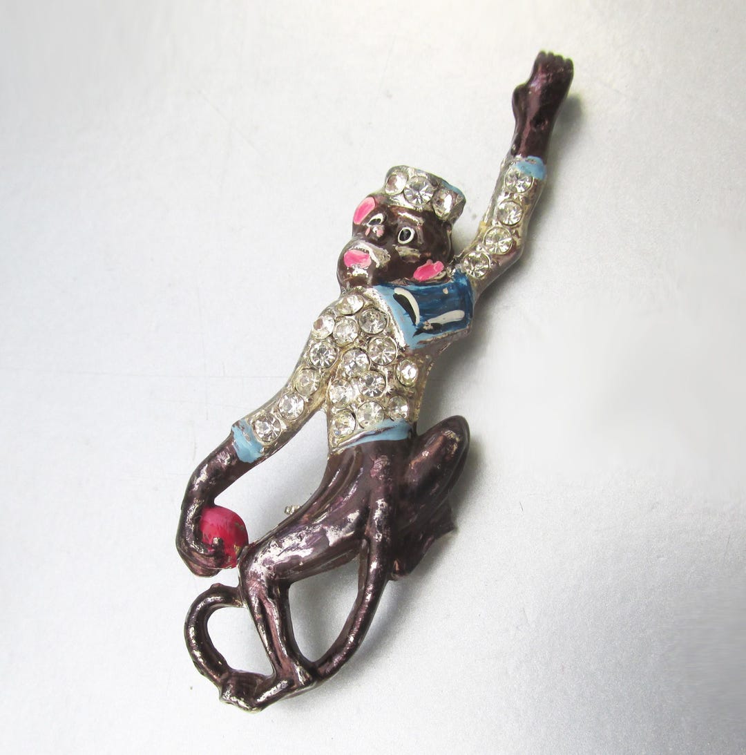 Vintage 1930s RARE Bauman Massa Climbing MONKEY Rhinestone Brooch Pin ...