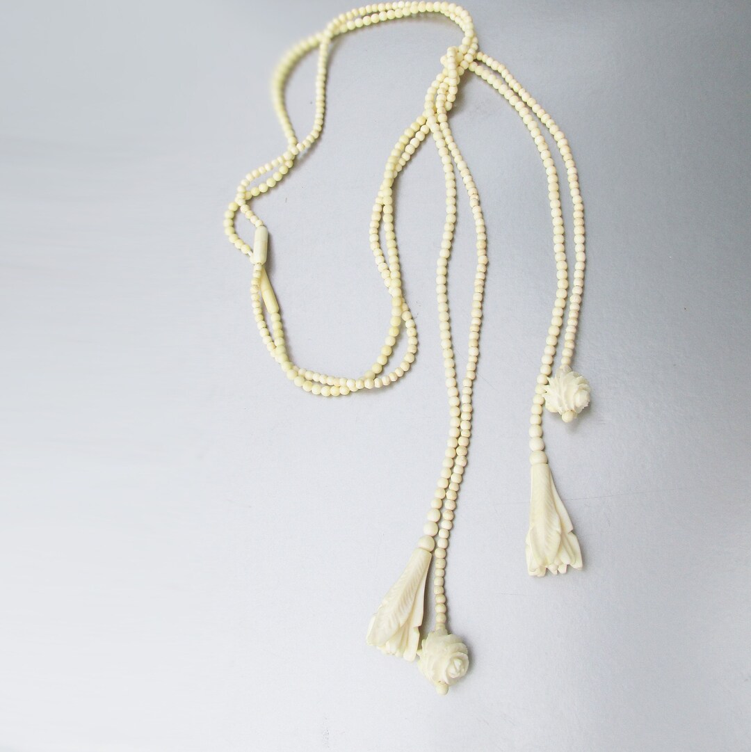 Pair (2) Carved Bovine Bone Bead Vintage Tassel Lariat Necklaces - Etsy