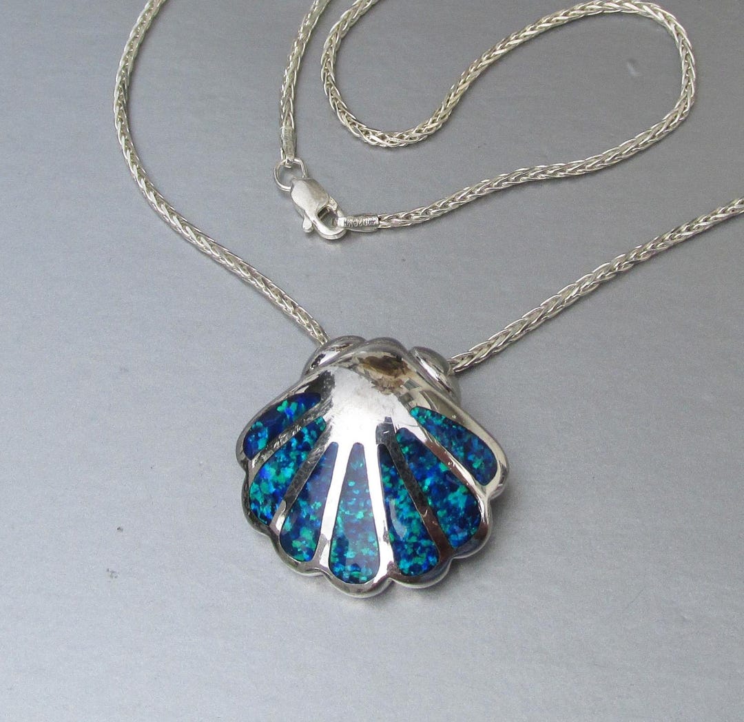 Sterling Silver Scallop Clam SHELL Inlaid Fire OPAL Pendant Necklace - Etsy