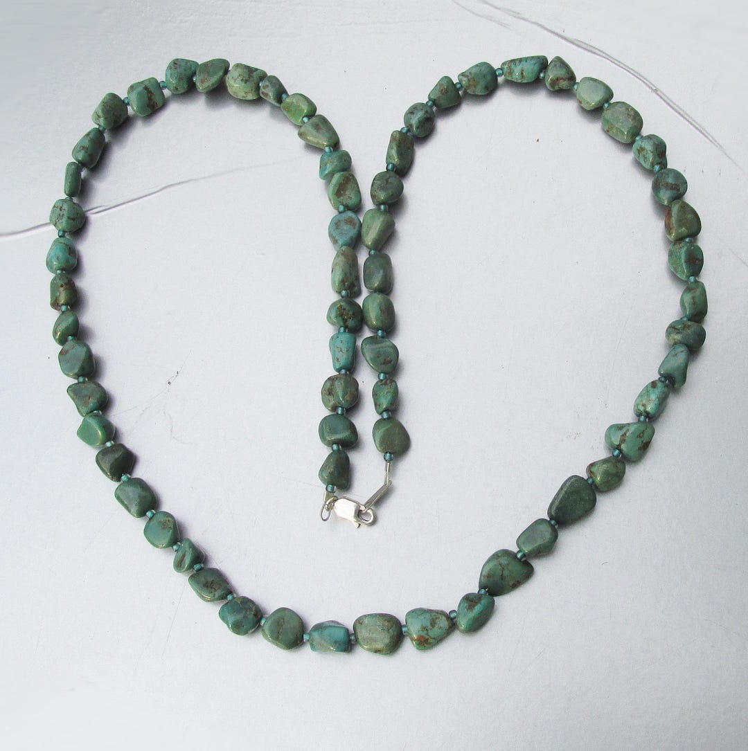 Deep Blue Green Turquoise Nugget Bead Hand Knotted Vintage Sterling ...