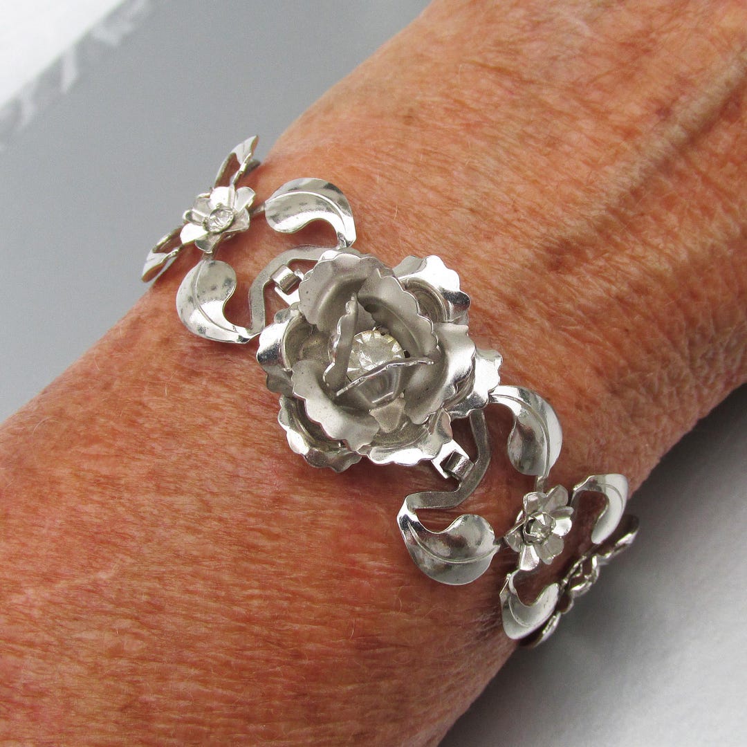 Vintage 1940s Bugbee Niles Aluminum ROSE Rhinestone Bracelet Earrings ...