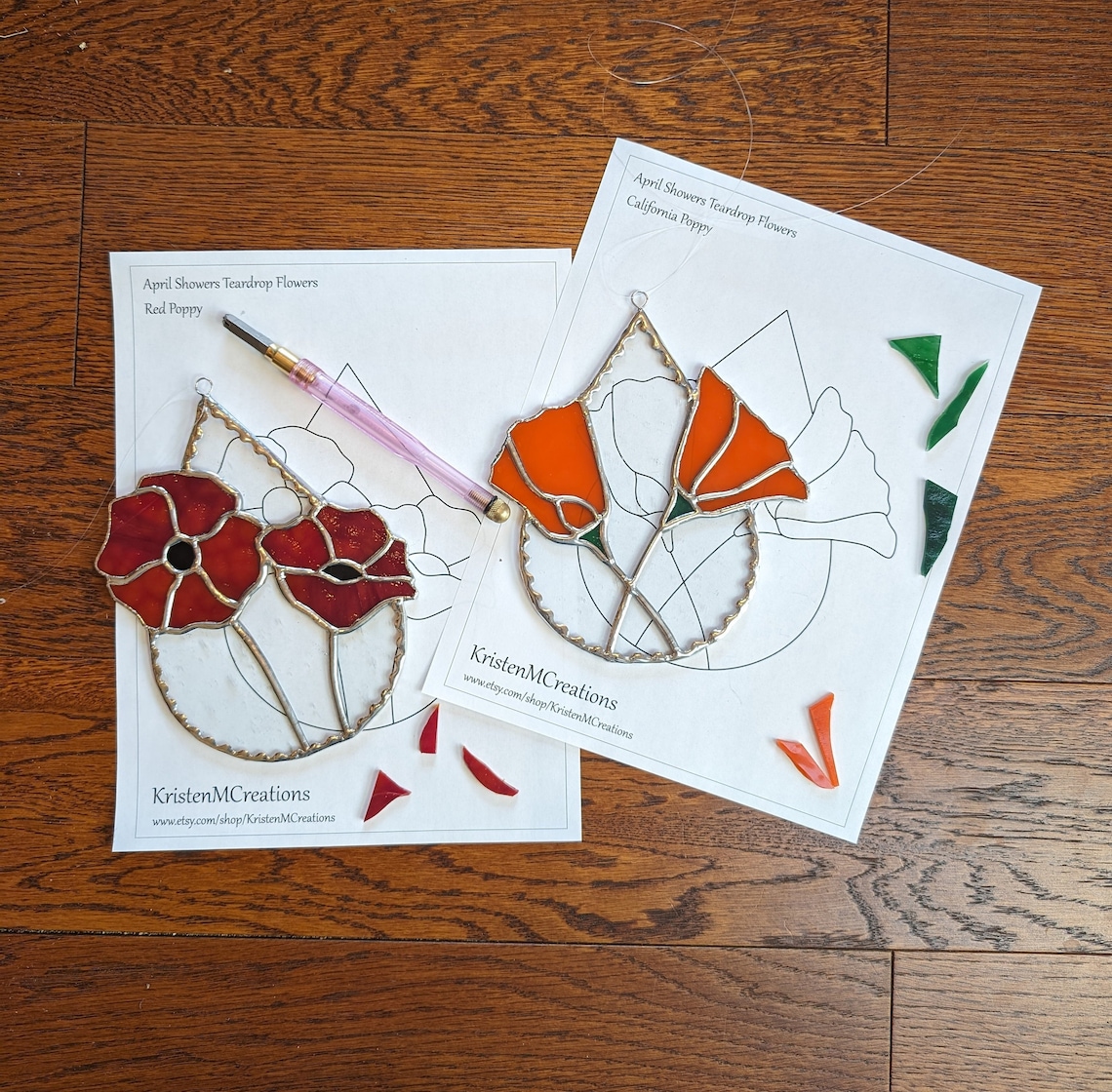 Poppy Stained Glass Flower Pattern Bundle, Stained Glass Teardrop ...