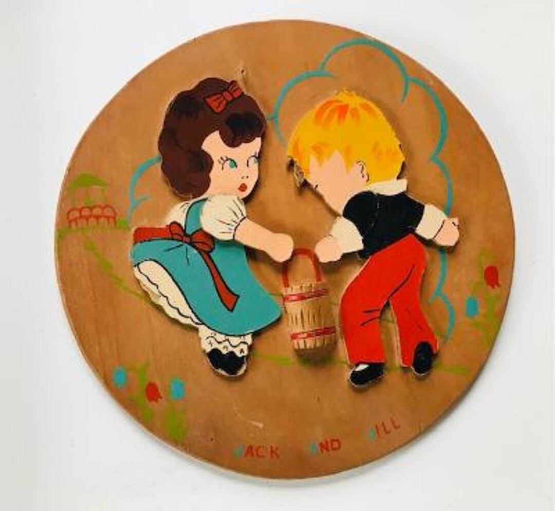 Mid Century Jack and Jill Wall Hanging, Wooden Nursery Rhymes Mother ...