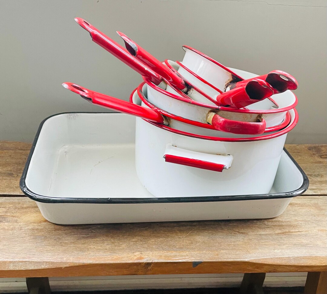 Vintage Red & White Enamelware Cookware Set, Enamel Camping Enamelware ...