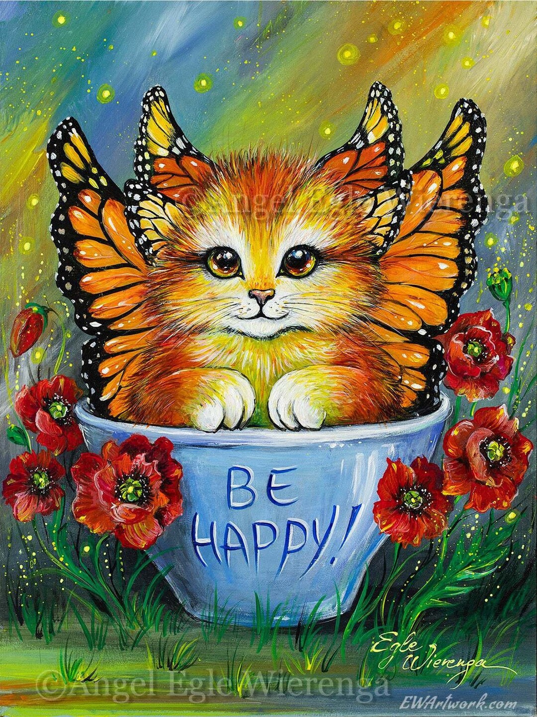 Art Prints & CANVASES, "be Happy!", Cat in a Cup, Fantasy, Cat Art ...