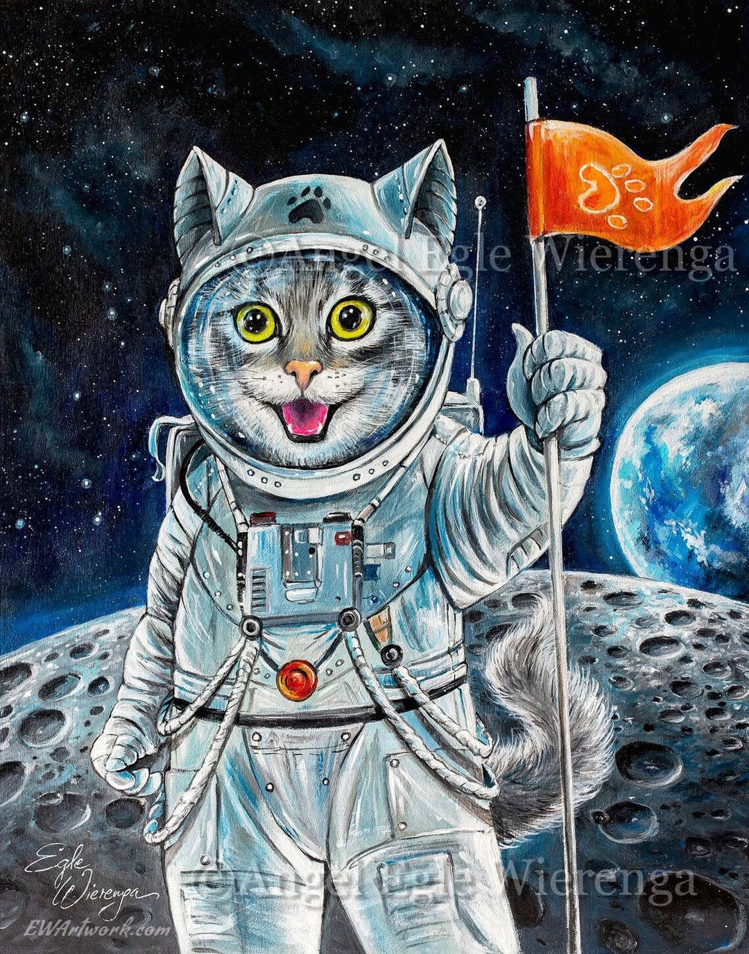 Giclée Prints & CANVASES, "first Cat on the Moon", Cat Cosmonaut, Cat ...