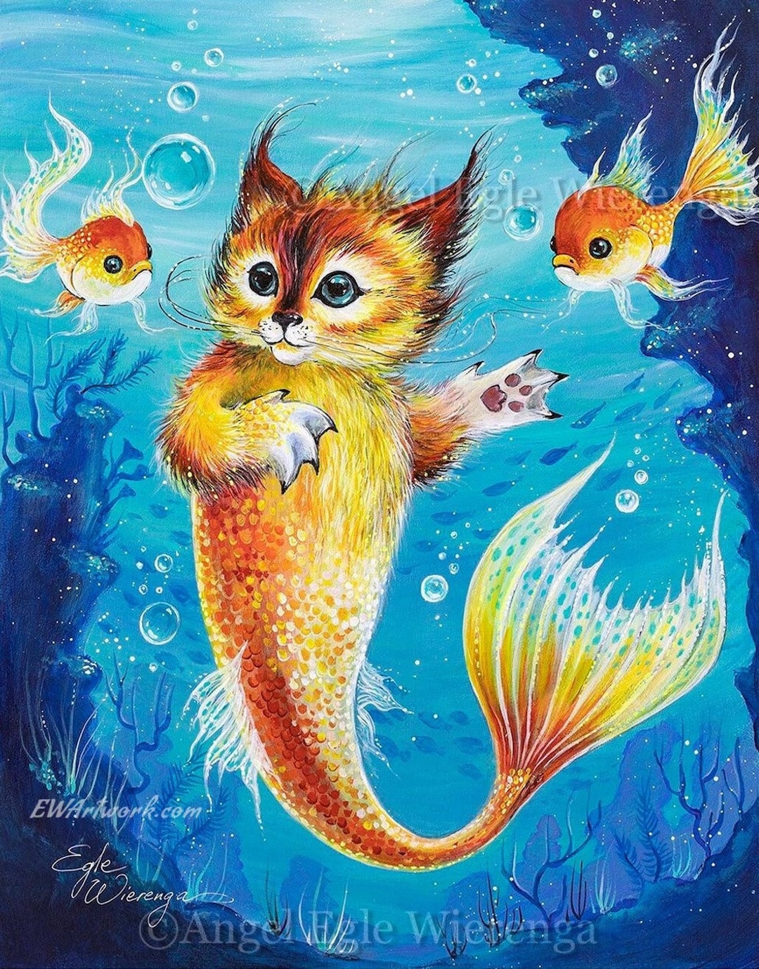 Giclée Prints & CANVASES, lionhead Merkitty, Mermaid Original Cat Art ...