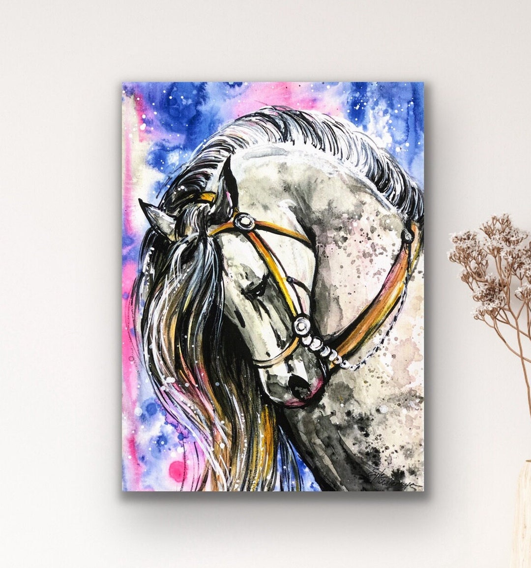 CANVAS 9x 12 white Spirit Race Horse Art, Embellished Giclée Canvas of ...