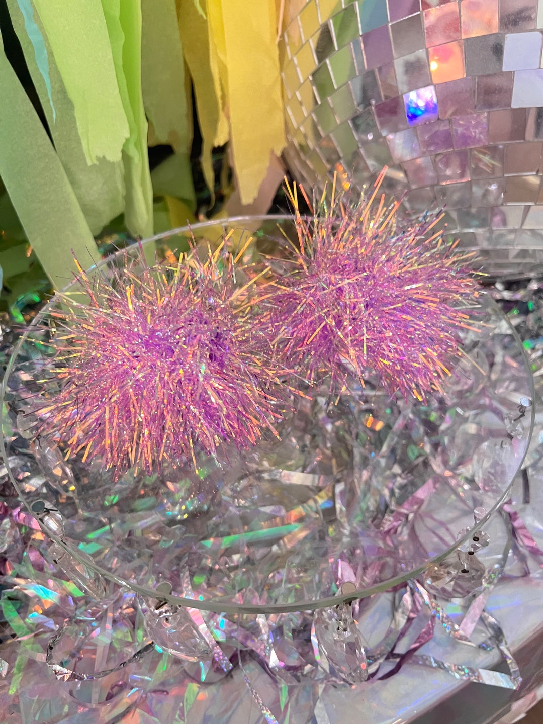 Purple Iridescent Hair Pom Poms Festival Head Wear. Tinsel Hair Clips ...