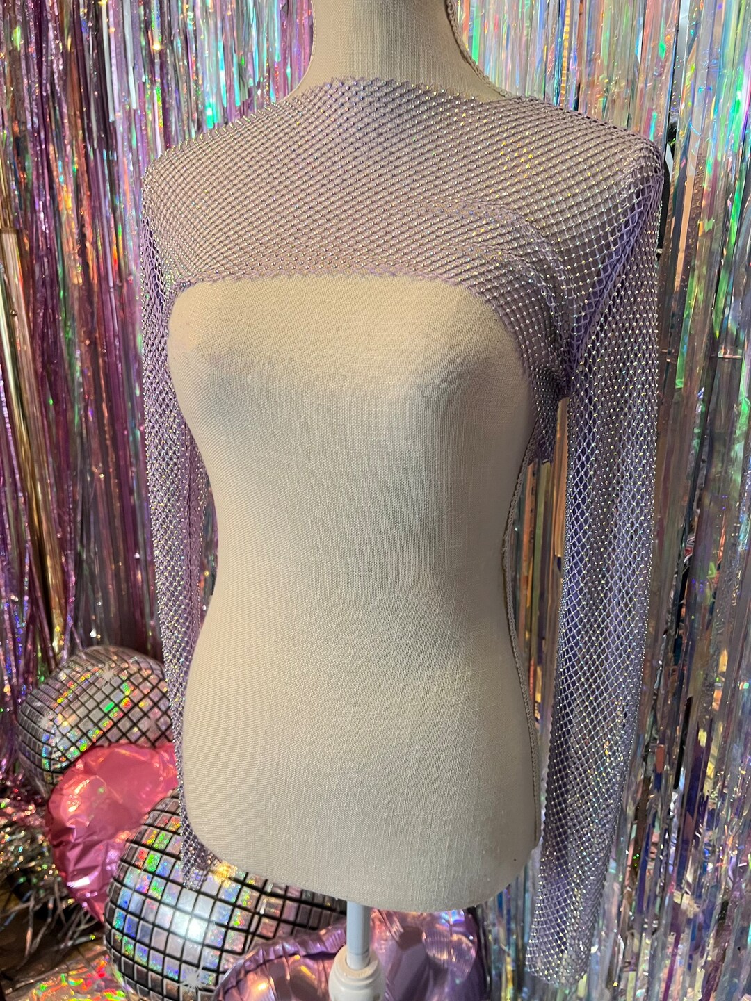 Rhinestone Fishnet Long Sleeve Crop Top Shirt AB Rhinestone Rave ...