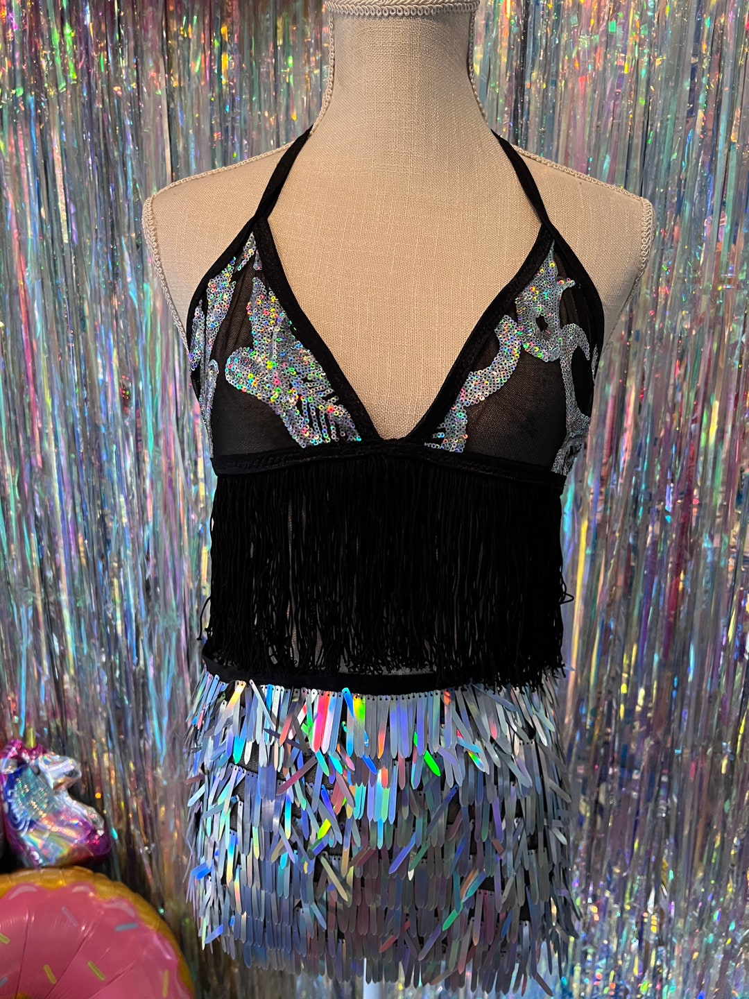 Custom Fringe Bralette / Funky Neon Trippy Print Bralette / Rave Wear ...
