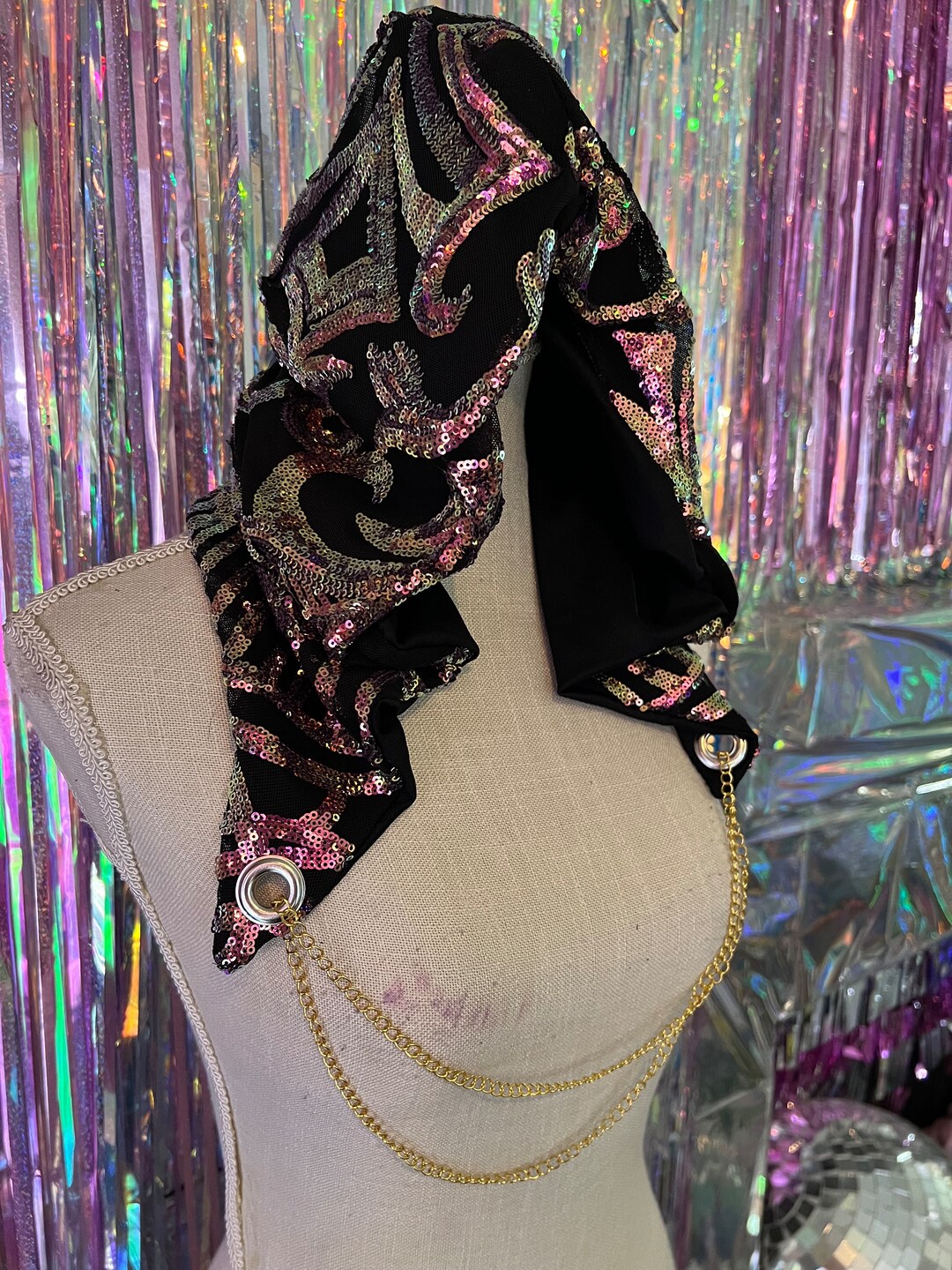 Custom Design Iridescent Sequin Hood With Chain • More Fabric & Styles ...