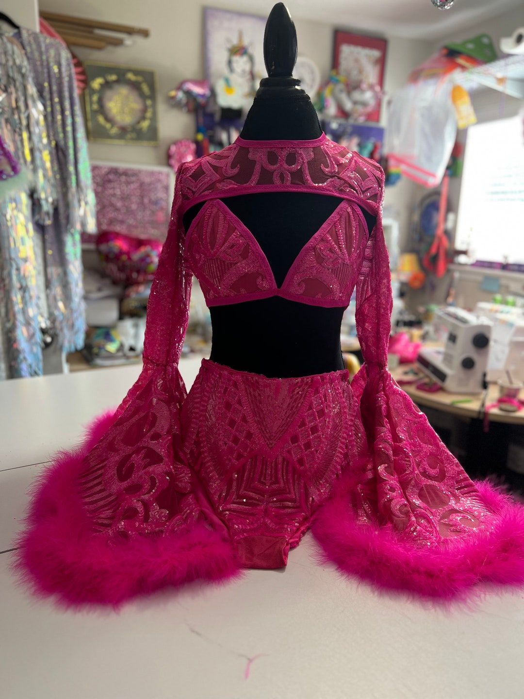 Sequin Rave Wear • Fluff Trim • Bolero • Bralette • High Waist Bottoms ...
