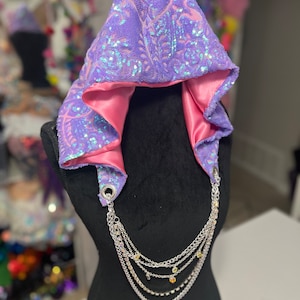 Custom Design Iridescent Sequin Hood With Custom Jewel Chain • More ...