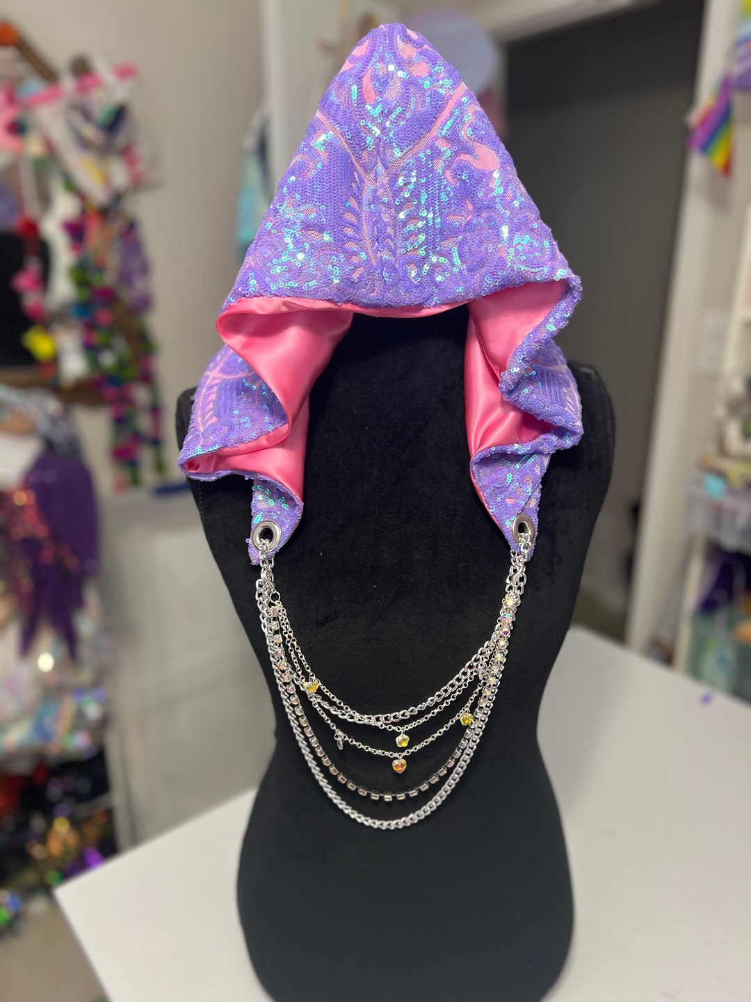 Custom Design Iridescent Sequin Hood With Custom Jewel Chain More ...