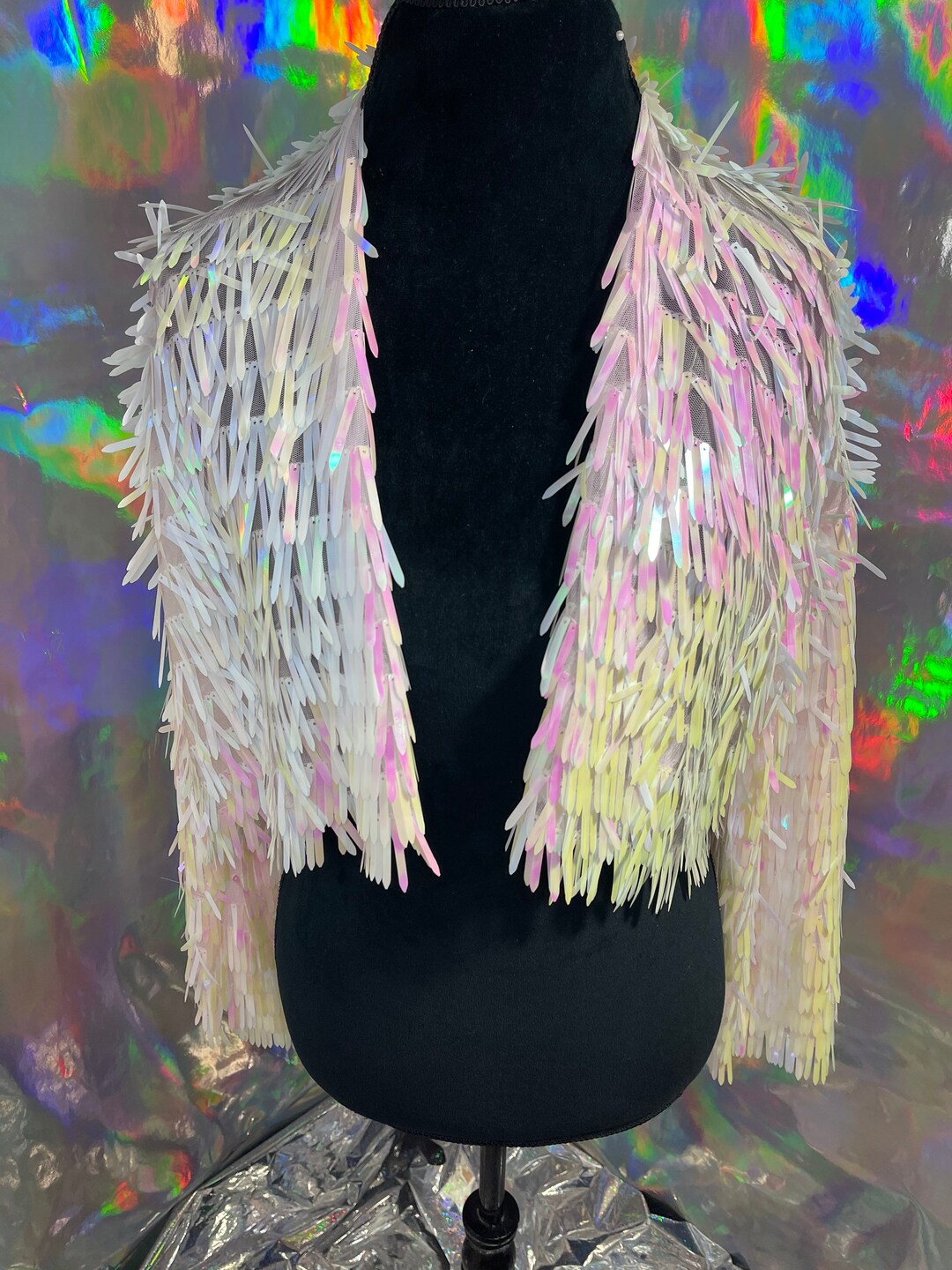 Pink & White Iridescent Sword Sequin Jacket • Tinsel Jacket • Sequin ...