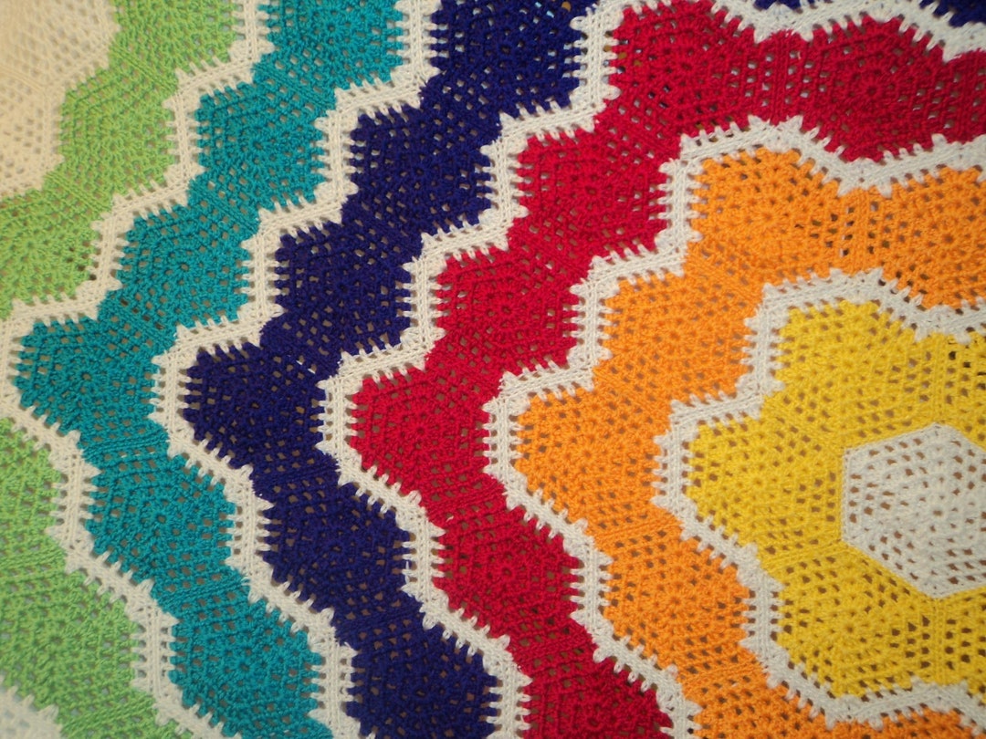 HANDMADE Crocheted Hexagonal Rainbow Blanket, BEAUTIFUL! Lap Blanket ...