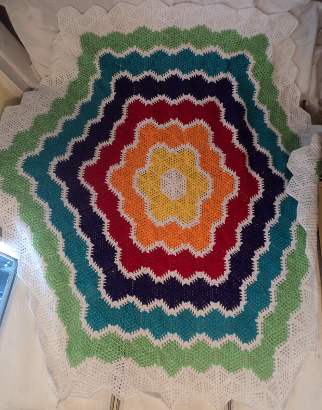 HANDMADE Crocheted Hexagonal Rainbow Blanket, BEAUTIFUL! Lap Blanket ...