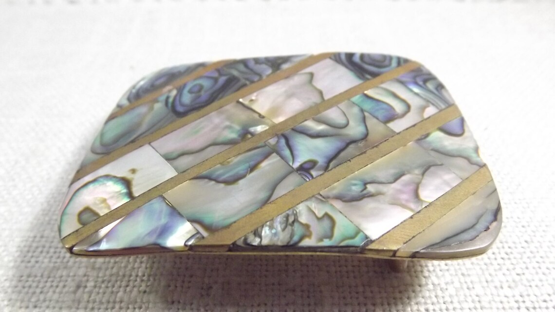 Vintage Mexico Belt Buckle Abalone Shell With Brass Inlay - Etsy