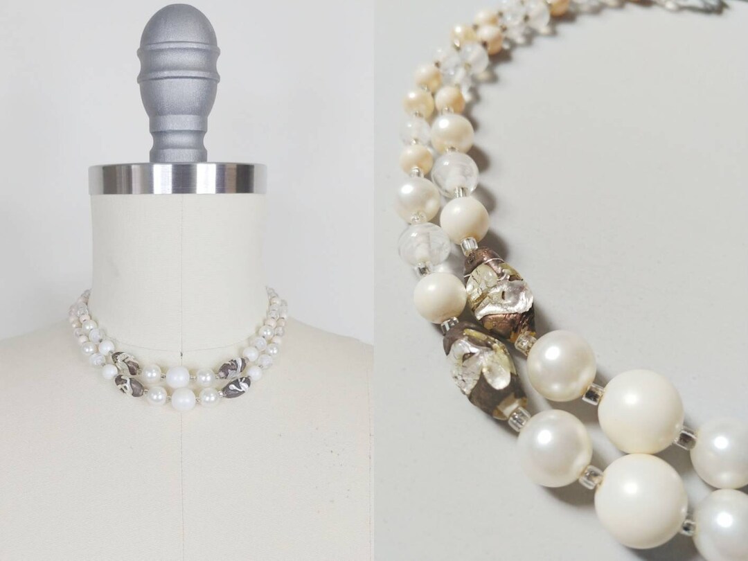 1950s Two Strand Tiered Faux Pearl Art Glass Beaded Necklace Vintage ...