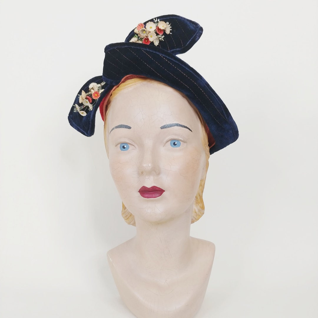 1930s Red Navy Bow Hat | Vintage 30s Floral Cap | Women's Hats - Etsy