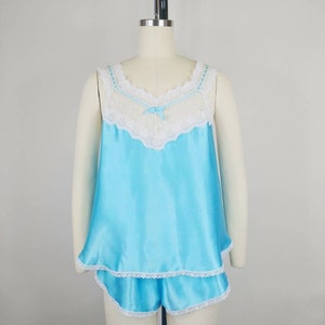 1980s Blue Satin Pajama Set Vintage 80s Camisole Nightie Top and Shorts ...