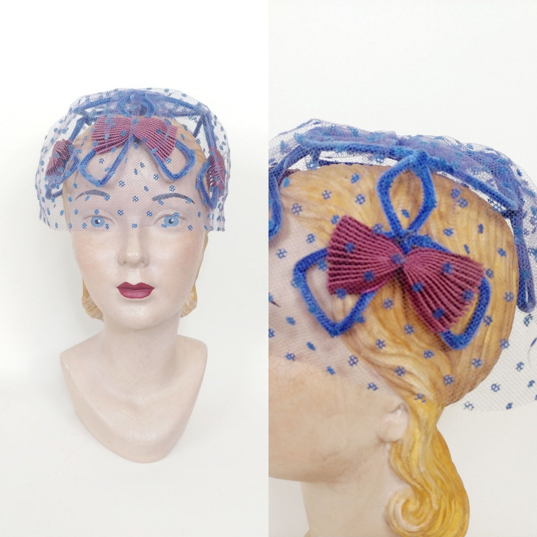1950s Blue Velvet Veil Topper | Vintage 50s Bows Net Hat - Etsy