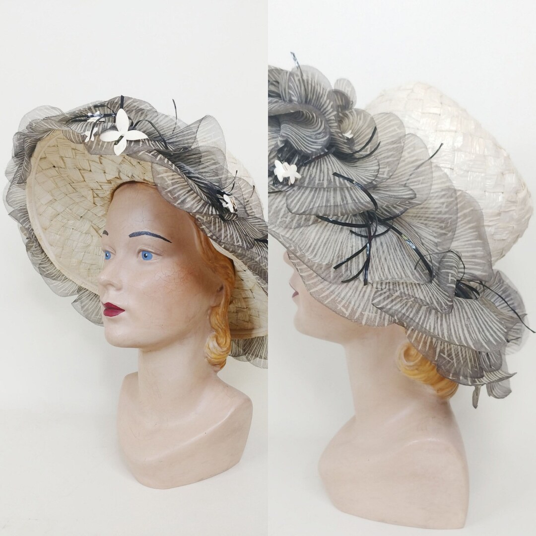 1960s Lisa Butterfly Raffia Brimmed Hat | Vintage 60s Cream and Black ...