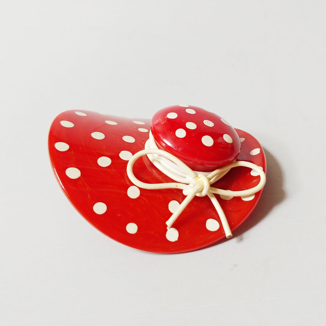 1940s Bakelite Polka Dot Hat Figural Brooch | Vintage 40s Cherry Red ...