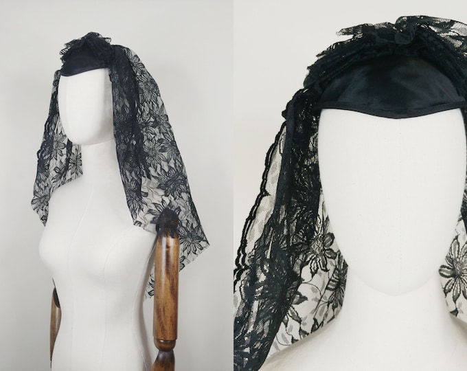 1960s Jackie O Victorian Revival Black Lace Mourning Head Dress Cap ...