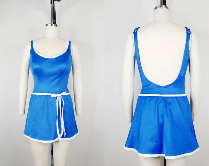 1970s Deweese Blue and White One Piece Swimsuit | Vintage 70s Bathing ...