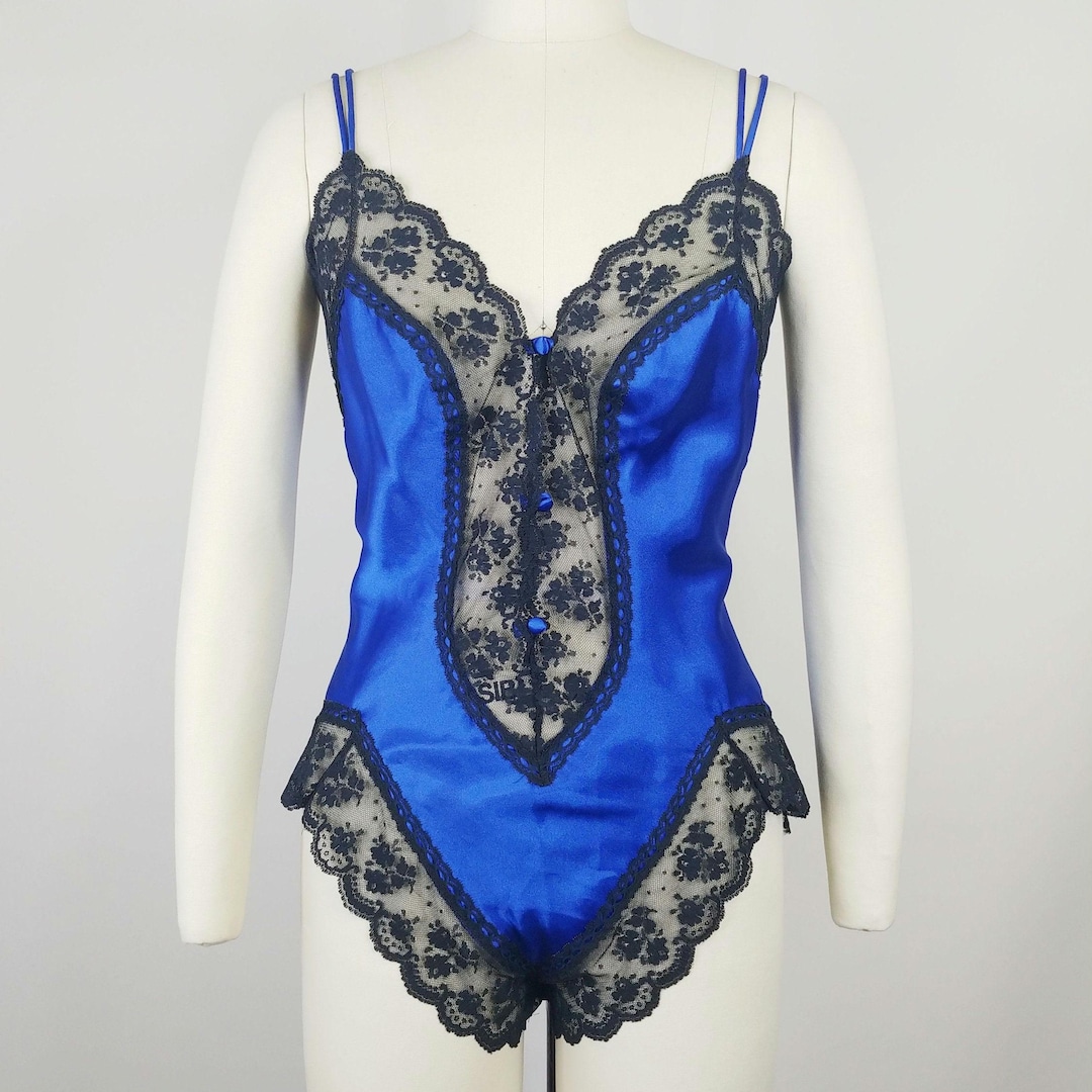 1980s Blue Satin Teddy | Vintage 80s Women's Lingerie - Etsy