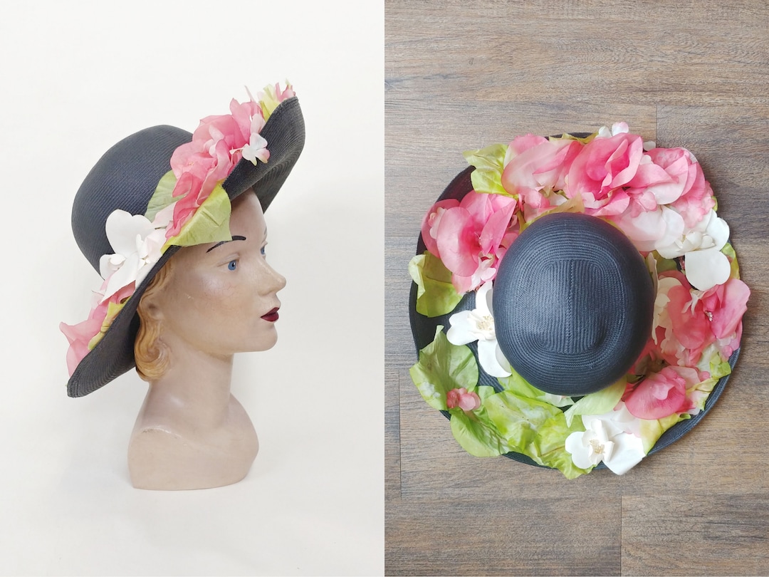 1960s Kutz Black Straw Wide Brim Sun Hat Vintage 60s Floral Hat Womens ...