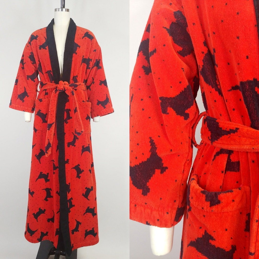 1980s Scottie Dog Robe Vintage 80s Red Black Terrycloth House Robe ...