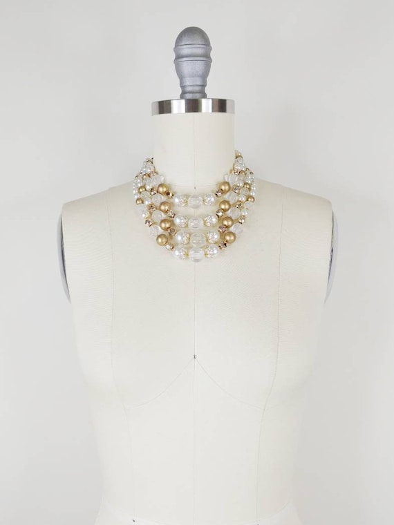1960s Four Strand Tiered Gold Pearl Beaded Necklace |… - Gem