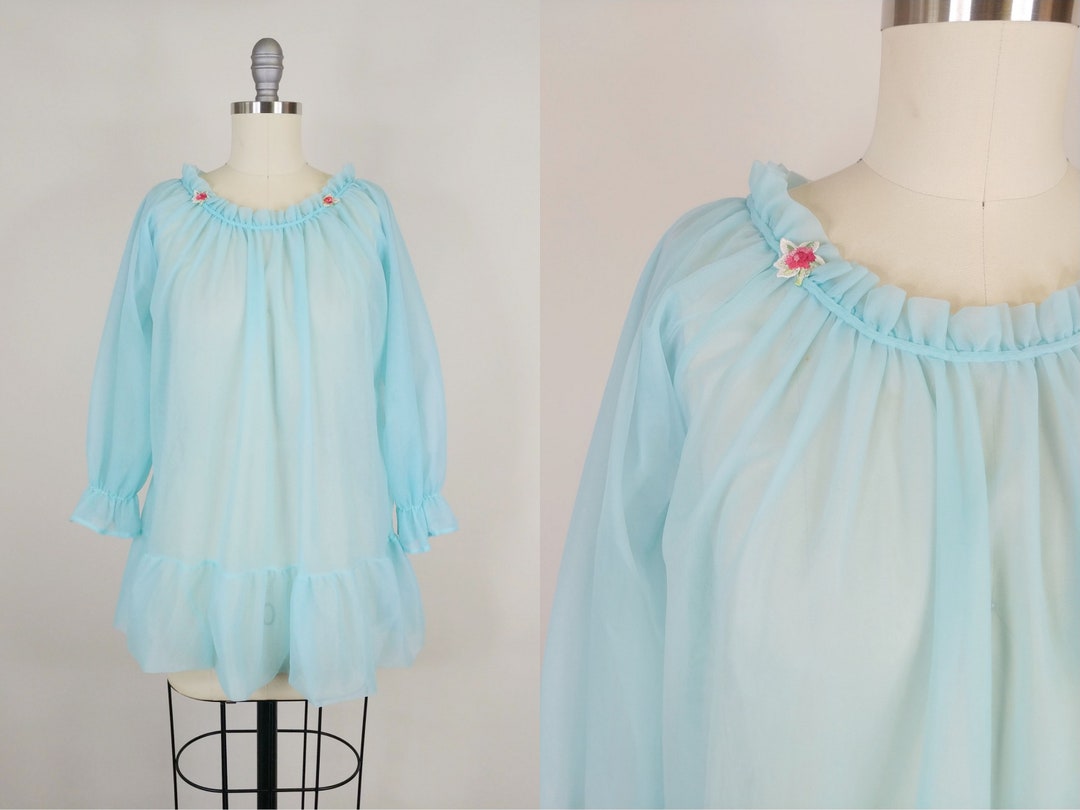 1950s Aqua Blue Nylon Chiffon Babydoll Nightgown Vintage 50s Sheer Bed ...