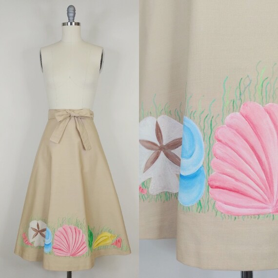 1970s Hand Painted Seashell Signed Wrap Skirt | Vinta… - Gem