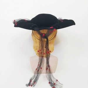 1930s Velvet Tricorn Hat | Vintage Saks 34th, Red Pom Poms - Etsy