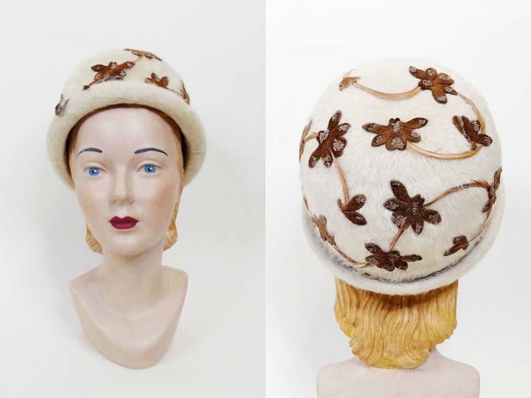 1960s Leather Glitter Moths Novelty Cream Furry Mohair Cloche Hat ...
