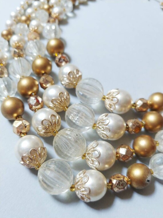 1960s Four Strand Tiered Gold Pearl Beaded Necklace |… - Gem